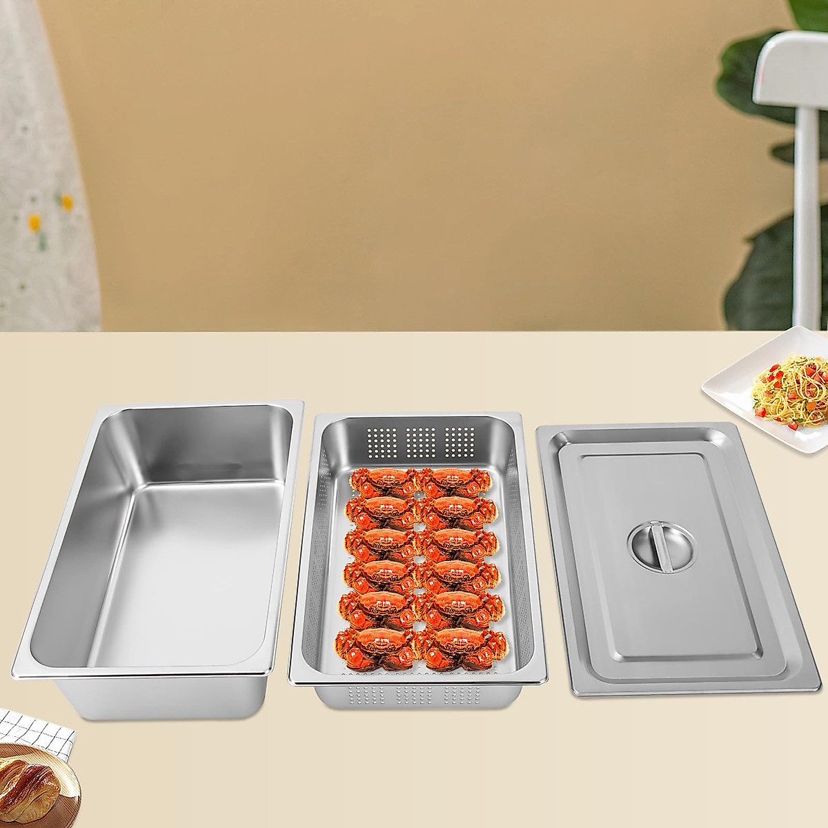 4" Deep Perforated Pan+6" Deep Steam Teable Pan+Lid, Food Pan for Commercial or Personal, 9.51-10.57Qt and 12.68Qt Stainless Steel Steam Pan Set, Full Size Hotel Pan, Steam Table Tray for Food Warmer