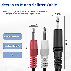 3.5mm Stereo Male to Dual 3.5mm Mono Male Audio Cable, 1ft 3.5mm 1/8" TRS Male to 2 x 3.5mm 1/8" TS Male Y Breakout Cable Splitter Adapter for Headphone, Speaker