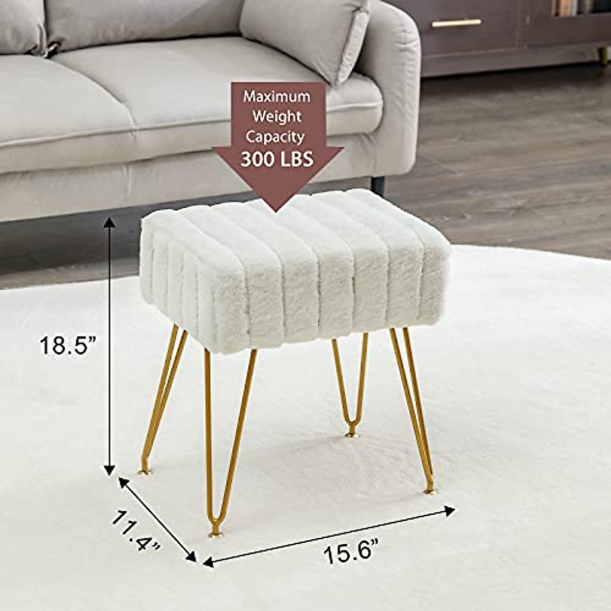 Modern Mink Square Footstool Ottoman Bench, White Faux Fur Vanity Stool with Gold Legs, Comfy Vanity Chair Entryway Bench, Makeup Stools for Vanity, Plush Fluffy Footrest for Bedroom, Living Room