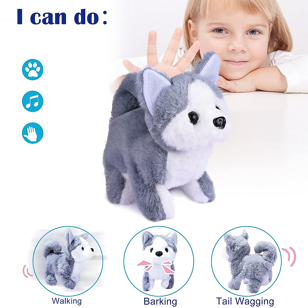 WorWoder Plush Husky Dog Toy Puppy Electronic Interactive Pet Dog - Walking, Barking, Tail Wagging, Stretching Companion Animal for Kids (Husky Dog)