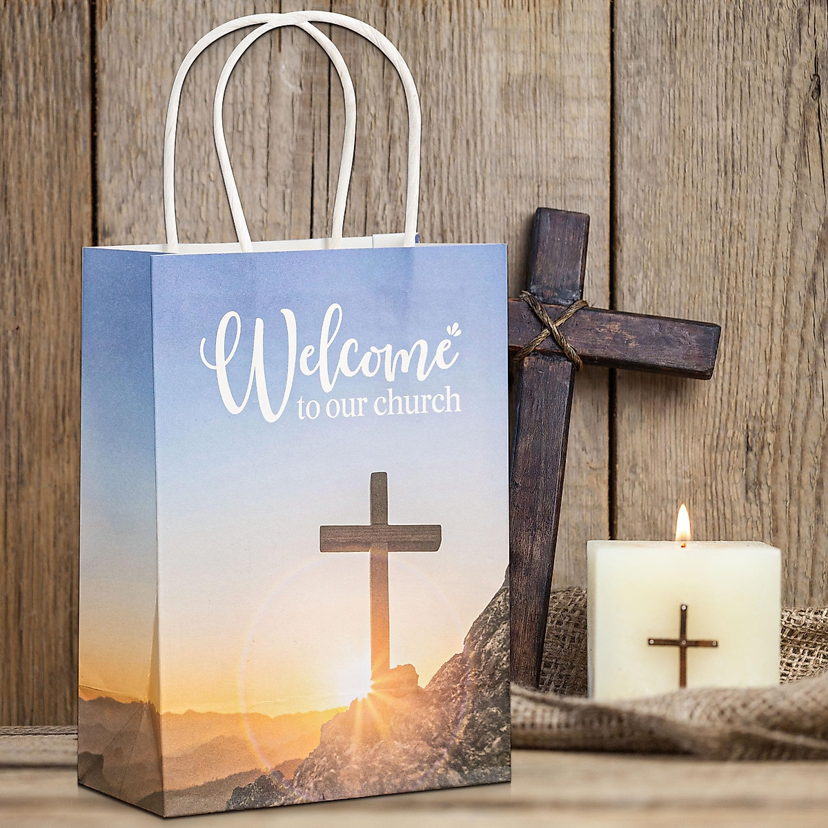 YHNTGB 12Pcs Church welcome bags with handles Welcome to our church gift bags Religious gift bags for Church Guest Baptism Bulk Hotel Birthday Church Theme Party Supplies 5.9 x 3.15 x 8.27inch 2 types