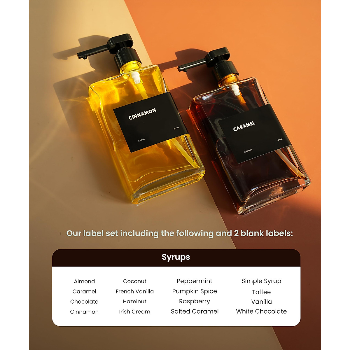 APT 1101 Glass Coffee Syrup Dispensers with Pumps, Syrup Bottles with Label Set - Essential Coffee Bar Accessories, 11.8 oz/350ml, Set of 2 (Black)