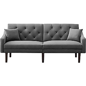 DNYN Convertible Sleeper Futon Sofa with 2 Pillows, Velvet Tufted Couch w/Metal Legs and Adjustable Backrest, for Apartment Office Small Space Living Room Furniture, Gray