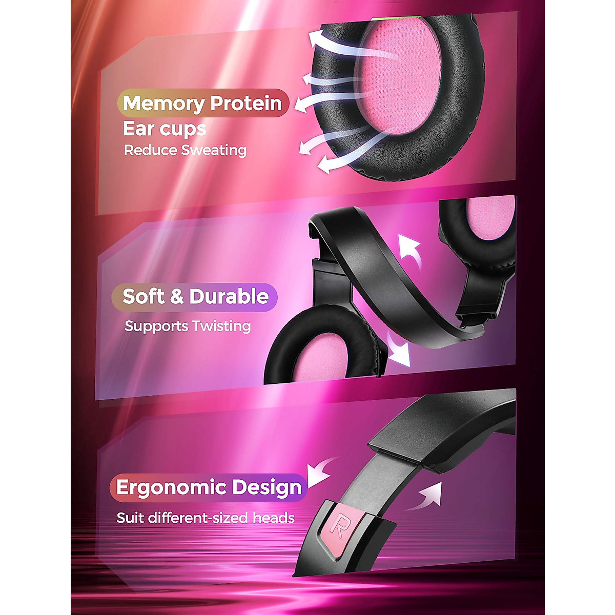 MW ACC CA Gaming Headset Pink for PS4, PS5, PC, Xbox One, Over Ear Headphones with Noise Cancelling Mic, PC Headset with Bass Surround Sound, LED Light, for Laptop Mac Switch, Girls, Kids