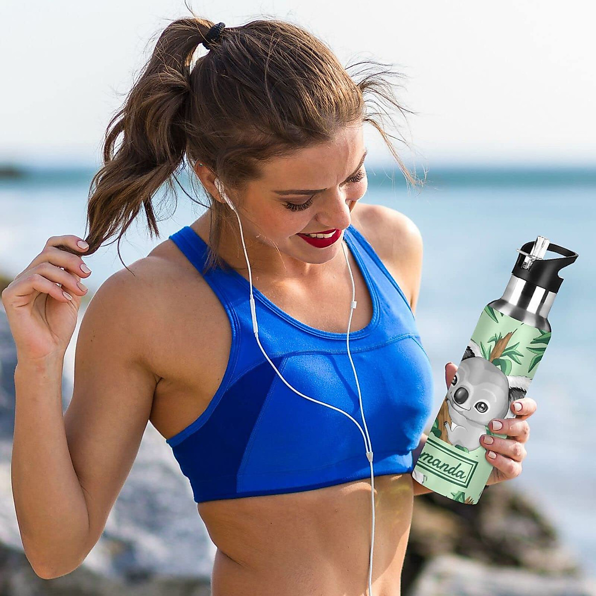 Koala Cute On Green Sport Water Bottle with Straw Lid Leakproof Kids Insulated Stainless Steel Water Flask Thermos Bottle for Gym Outdoor 20 oz