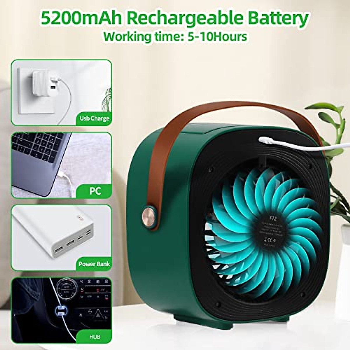 Portable Air Conditioner-5200mAh Rechargeable Personal Air Cooler with 3 Speeds Duration 5-10 hrs, Quiet Mini Air Conditioner Fan, Desk Cooling Fan for Home, Bedroom, Travel, and Office