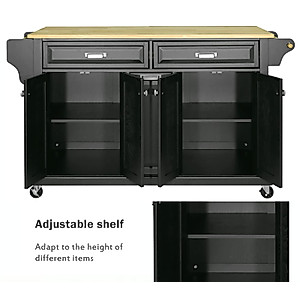 YWUFUART Solid Wood Kitchen Trolley with Storage Cabinet, Rolling Mobile Kitchen Island with Seasoning Rack and Towel Rack for Kitchen (Black)