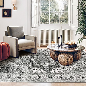 VFROO Area Rug 5x7 Living Room Rug Grey Vintage Washable Rug,Soft Non Slip Rug Low Pile Boho Printed Carpet, Retro Rug for Bedroom Dining Room Indoor