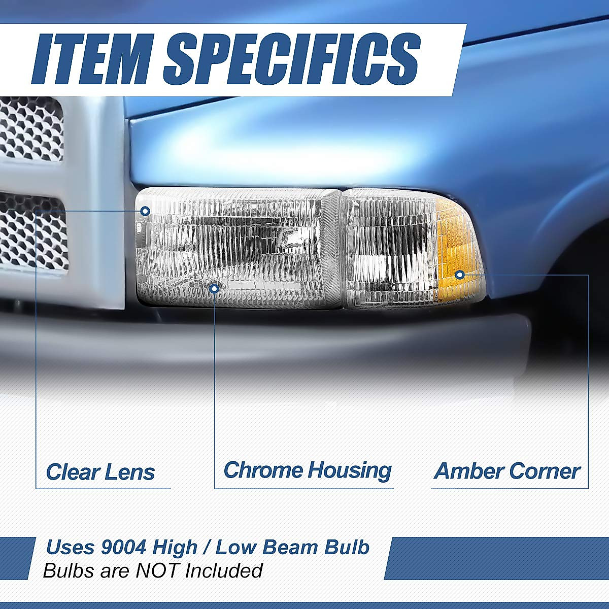Auto Dynasty 4Pcs Factory Style Headlights Assembly with Corner Lamp Compatible with Dodge Ram 1500 2500 3500 (Non-Sport Models) 94-02, Driver and Passenger Side, Chrome Housing Clear Lens