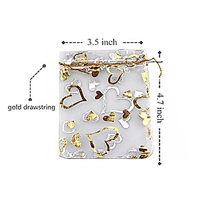 QIANHAILIZZ 100 pcs 3.5 x 4.7 Inch Flower Heart Organza Jewelry Gift Pouch Candy Pouch Drawstring Wedding Favor Bags (A white with gold heart)