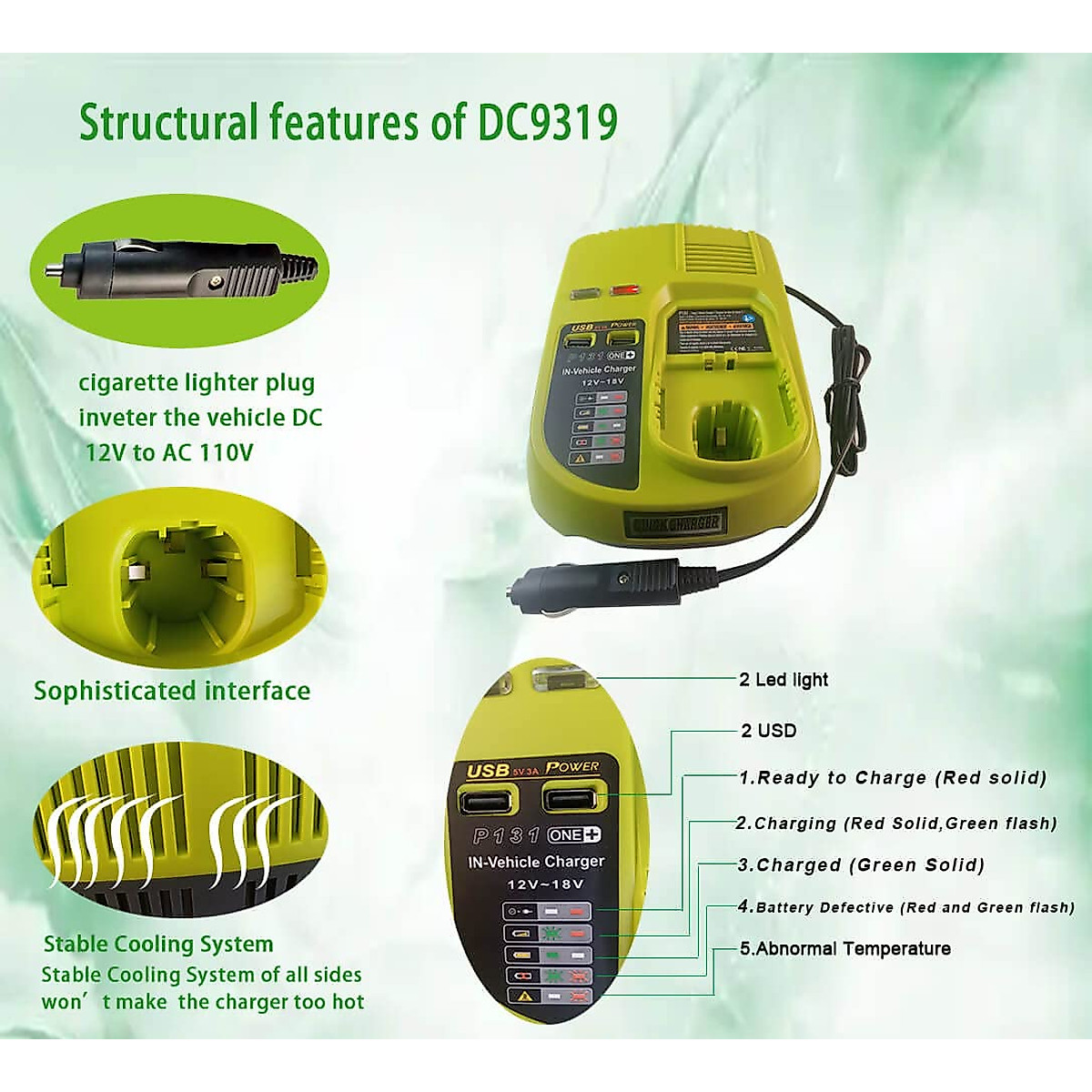 Compaitble with Ryobi P131 One+ Portable Dual Chemistry Lithium Ion or NiCad Vehicle Charger,Car Battery Charger, for Battery P107 P102 P108 P122 P161 P190 P191 P192 P100 P103 P104 P105 P106
