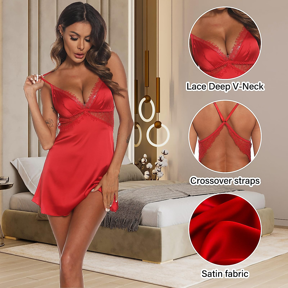 Quzzion Nightgown Sexy Lingerie For Women Nightwear Lace Chemise Sleeveless Slip Dress Babydoll Sleepwear Red