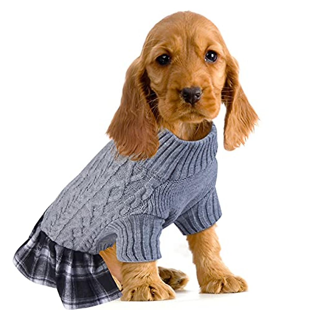 Dog Sweaters Plaid Dress, Puppy Warm Knitwear Dress for Dogs Cats, Cold Weather Doggie Kitten Apparel, Turtleneck Pet Dresses Outfits with Leash Hole for Yorkie Shih Tzu Teddy Bichon Frise Chihuahua