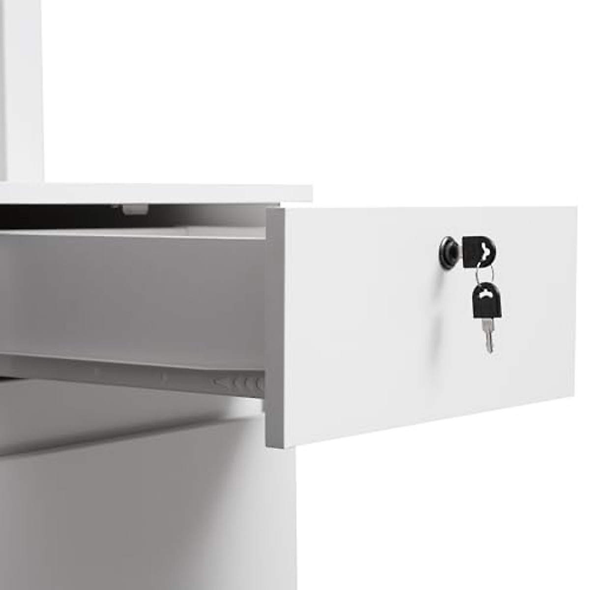 HESIEU Wooden Office Desk Computer Desk with Drawers and Cabinets Open Shelf Writing Desk Workstation Comes with 3 AC Outlets and 2 USB Charging Ports for Office Study Living Room