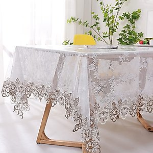 Fhberni Clear Plastic Rectangle Tablecloth Waterproof Vinyl PVC Tablecloth Embroidered Lace Edge Transparent Table Cover for Kitchen Outdoor and Indoor Uses-50x70 inch, Floral 1