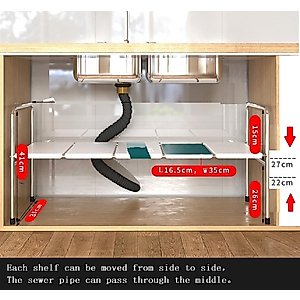 Kitchen Sink Shelf，Height and width Adjustable，Retractable Cabinets Single-layer Spice Rack，Depth 35cm，Width >86cm，5 Pcs Boards，Pot Storage Rack，Cabinet、Kitchen Storage Rack (White)