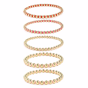 CONRAN KREMIX Gold Beaded Bracelets 14K Gold Plated Bead And Pink Heishi Clay Bead Stackable Stretch Bracelet Set Gold Jewelry For Women