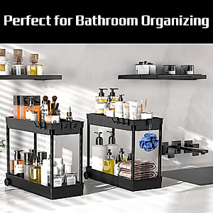 Cicilyna Under Sink Organizer, Under Cabinet Basket Organizer Drawer with Hooks, Bathroom Standing Rack, Multi-purpose Storage Shelf, Black