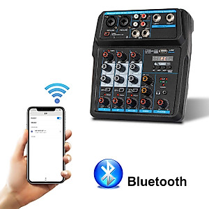 Depusheng U4 Portable Mini Mixer 4 Channel Audio DJ Console with Sound Card, USB, 48V Phantom Power for PC Recording Singing Webcast Party