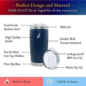 Nautica Coffee Mug Tumbler-Vacuum Insulated Double Wall Travel Cup - To Go Reusable Thermos - Stainless Steel Inside and Outer With Slide Lid 20 OZ-Pink