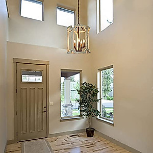 LOG BARN Farmhouse Chandelier, 5-Light Lantern Chandelier for Foyer, Kitchen Island, Dining Room, Weathered White Wood, 16.5’’ W