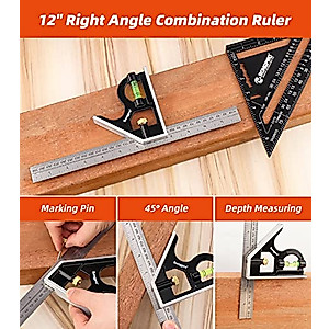 RONGPRO Rafter Square and Combination Square Tool Set, 7 Inch Triangle Carpenter Square Die-cast Aluminum Alloy and 12 Inch Zinc-Alloy Die-Casting Combo Square Ruler - Rafter Square Layout Tool