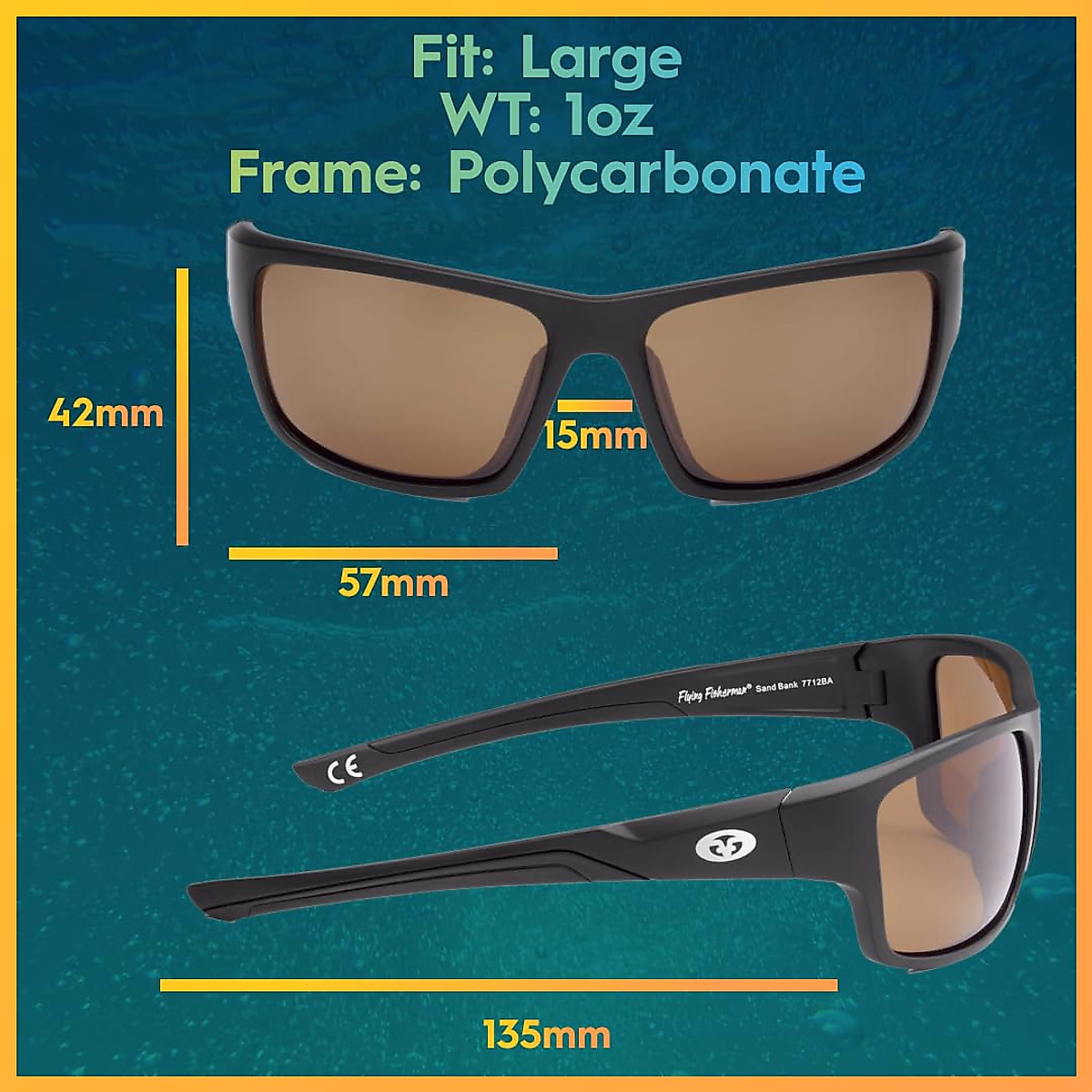 Flying Fisherman Sand Bank Wrap Around Polarized Sunglasses, Frame: Matte Black/Lens: Amber, One Size