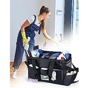 F40C4TMP Double Leaves Large Wearable Cleaning Caddy Bags for Housekeepers, Cleaning Supplies Organizer, Tools Tote with Handle for Housekeeping and Car Storage, Black