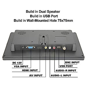 LONCEVON 10 inch Portable HDMI Monitor Mini VGA Monitor Screen for PC/Camera/TV/Raspberry PI/Gaming; 1024x600 Pixel Support 1920x1080P Resolution; with Dual Speakers and USB Port