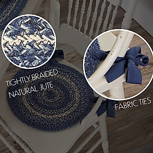 VHC Brands Great Falls Blue Jute Chair Pad with Ties-Braided Dining Room Kitchen Farmhouse Decor,15 inch Diameter, Set of 2 Pieces