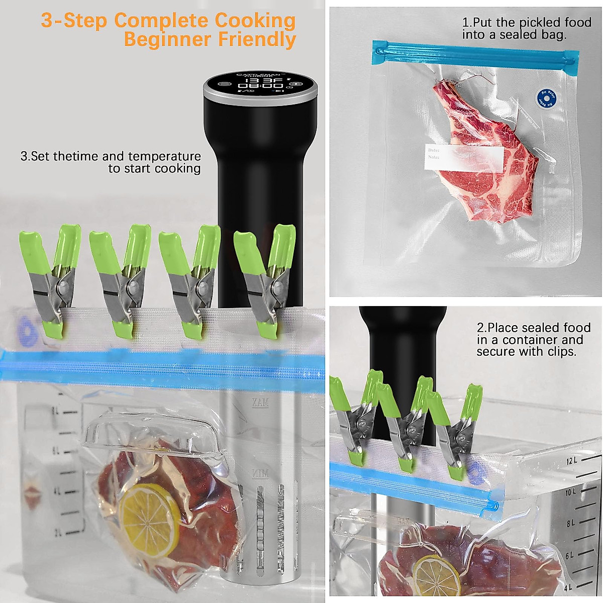 Sous Vide Machine Wi-Fi, Immersion Circulator Precise Cooker, Sous Vide Kit with 30 Vacuum Seal Bags, Vacuum Pump, Cookbook, Accurate Temperature & Timer, 1000W, IPX7 Waterproof, Cattleman Cuisine