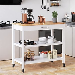 Kitchen Island Carts on Wheels with Storage – Mobile Rolling Cart with Storage Drawer and Shelves, Kitchen Islands Table with Towel Rack, Rubberwood Top, for Kitchen and Dining Room, White