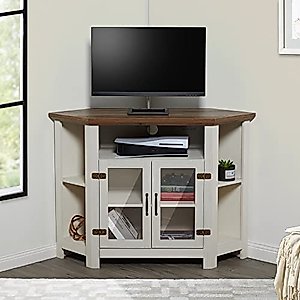 AMERLIFE Corner TV Stand for TV's up to 48", 44 Inch Modern Farmhouse Wood Entertainment Center, TV Console with Double Doors and Storage Cabinets for Living Room, Distressed White