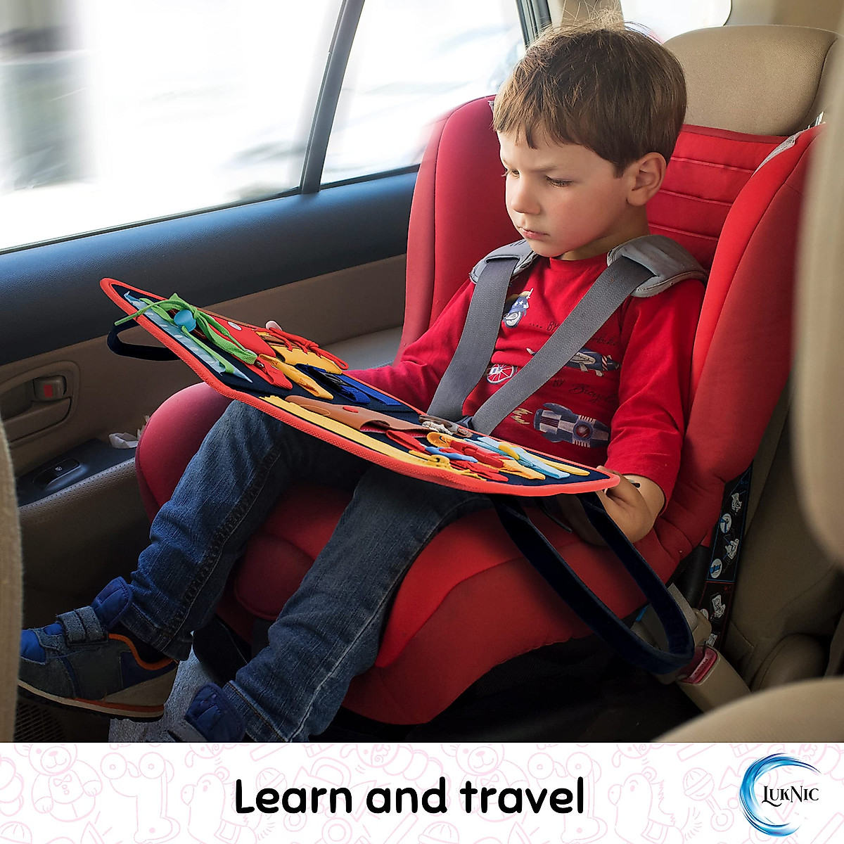 LukNic Busy Board Montessori and Sensory for Toddlers Toys for Children Learning Tool for Kids Portable Blue Felt Bag with Zipper Clock Activiti Kit