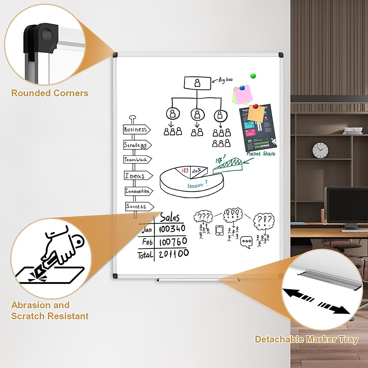 XBoard Porcelain Magnetic Dry Erase Board 48 x 36 Inch, Porcelain Whiteboard with Aluminium Frame & Marker Tray 4' x 3' | Wall Mounted Magnetic White Board for Home School Office