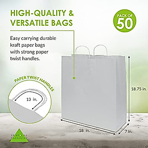 Prime Line Packaging Extra Large White Gift Bags with Handles, Kraft Shopping Tote for Small Business, Boutiques, Merchandise, Bulk,18x7x18.75 50 Pack