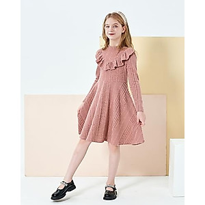 YOURUIKEY Girls Winter Dress Half High Neck Long Sleeve Girl Beige Pink Dresses Teen Girl Clothes Size 7 8 Ruffle Fall Outfit
