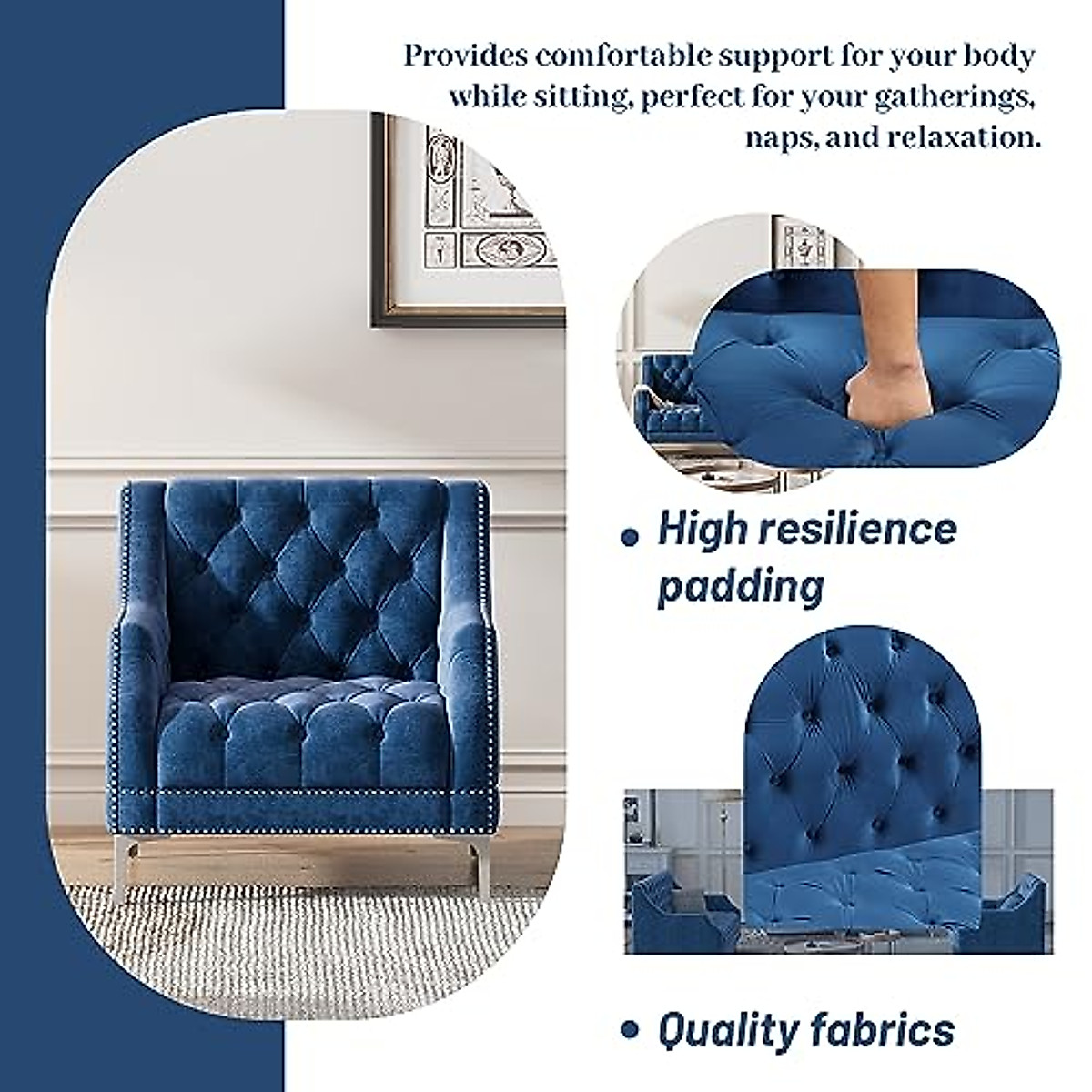 Merax, Blue 33.5" Modern Sofa Frosted Velvet Soft Upholstered Couch Loveseat with Metal Legs,Button Tufted Back for Living Room