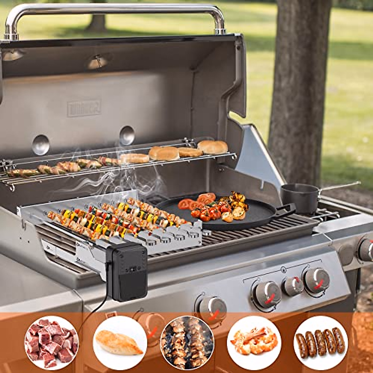 only fire Stainless Steel Electric Skewer Turner, Rotated Grilling Rack Shish Kabob Set with 7 Skewers and Dual-Purpose Rotisserie Motor