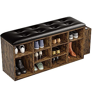 IRONCK Shoe Bench, 10 Cubbies Storage Entryway Bench with PU Leather, Cubby Shoe Rack Organizer with Adjustable Shelves for Living Room, Bedroom, Vintage Brown