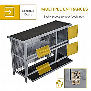 PawHut 54" 2-Story Large Rabbit Hutch Bunny Cage Wooden Pet House Small Animal Habitat with Lockable Doors, No Leak Tray and Waterproof Roof for Outdoor/Indoor Grey