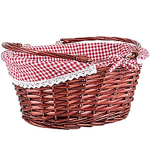 ZEONHEI Brown Oval Wicker Woven Basket, Attractive Willow Woven Gift Basket, Cheap Fruit Picnic Easter Candy Wedding Party Decoration Serving Basket with Folding Handles Elegant Linen Cloth Lining