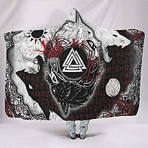 Viking Wolf Hooded Blanket Super Soft Norse Throw Blanket Plush Fleece Blanket Wearable Blanket Hoodie Blanket for Women and Men White ( Color : A , Size : 80x60in/150x200cm )