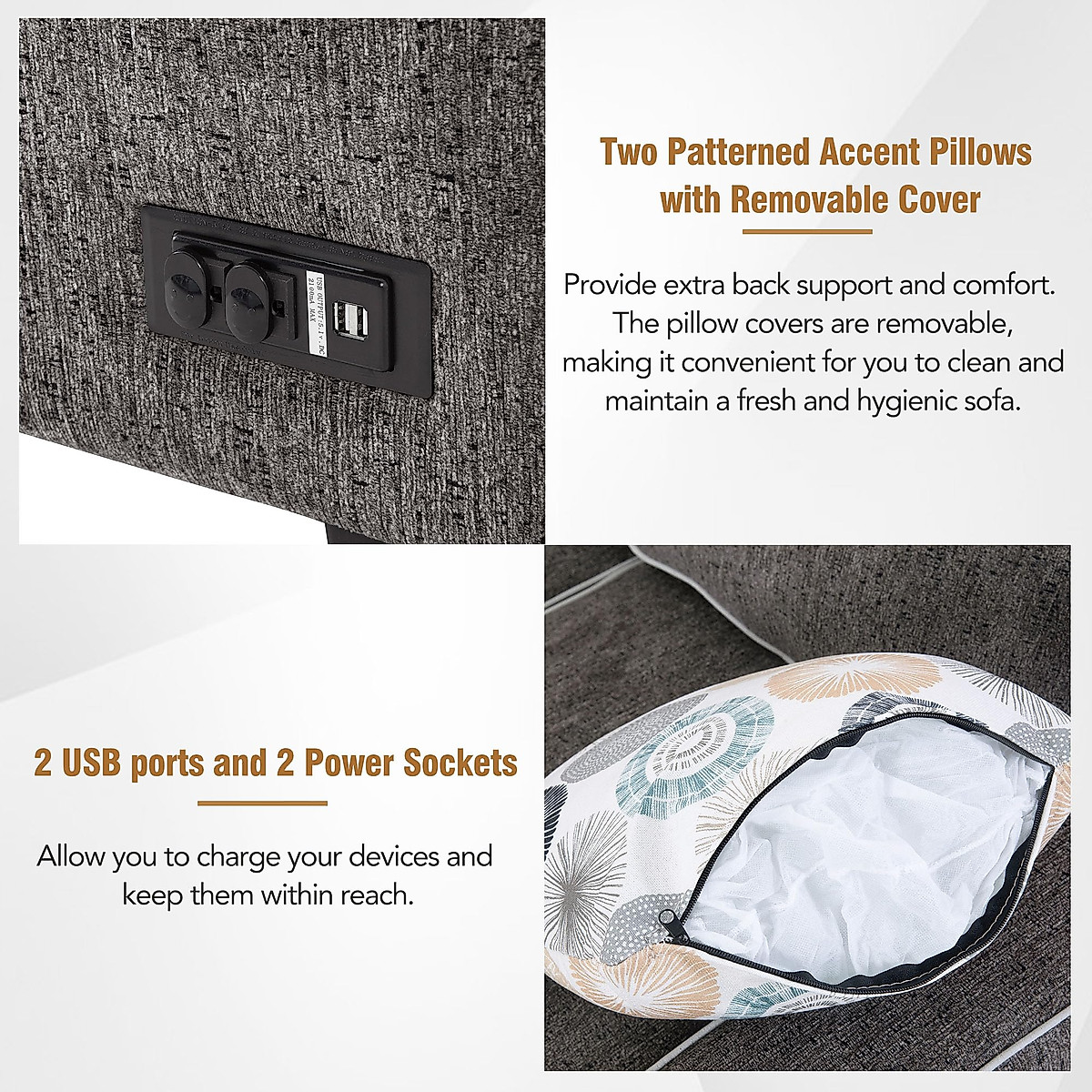 Pull Out Couch Sectional Sleeper Sofa L Shaped Convertible Sofa Bed with 2 USB Ports, 2 Power Sockets and 3 Pillows for Living Room, Bedroom, Office, 83" Brown