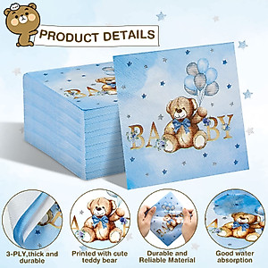 100 Pack Bear Baby Shower Napkins Square Bear 3 Ply Paper Napkins Blue Disposable Balloon Star Bear Cocktail Napkins for Baby Shower Gender Reveal Birthday Party Decorations, 5 x 5 Inch