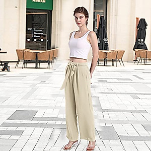 Zehwonpei Wide Leg Pants for Women High Waisted Palazzo Flowy Casual Pants Trendy Bowknot Loose Lounge Trousers with 2 Pockets (Beige,Size XL)