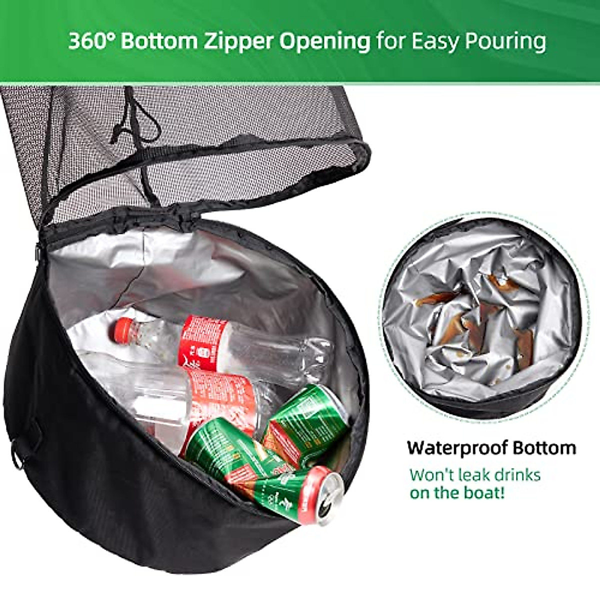 EZAKIE Boat Trash Bag Large Boat Trash Can for 80+ Cans, Boat Trash Container with Bottom Zipper Opening, Outdoor Boat Garbage Sack Storage Bag Hanging Portable Mesh Fishing Boat Accessories (Black)