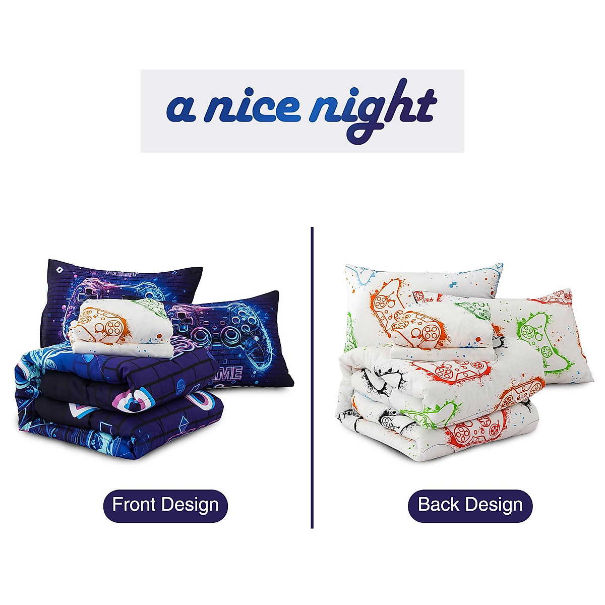 A Nice Night 5Pcs Gaming Comforter Set,Blue Purple 3D Game Contoller Themed Printing Bedding Sets for Kids Teen Boys, Reversible Comforter for All Seasons,Twin
