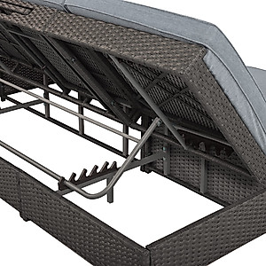 Outdoor PE Rattan Daybed Double Reclining Chairs with Adjustable Backrest and Cup Tray, All Weather Patio Sunbed Lounge Chair Conversations Sofa with Thick Cushions and Pillows for 2 Person (Gray-D)
