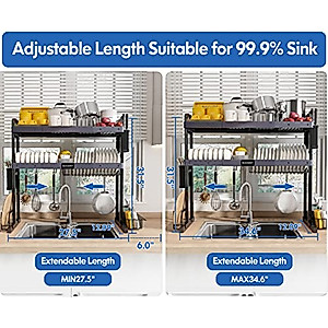 BOOSINY Over The Sink Dish Drying Rack, 2 Tier Stainless Steel Large Adjustable Kitchen Dish Drainer, Home Storage Organizer Shelf Above Counter with 6 Hooks